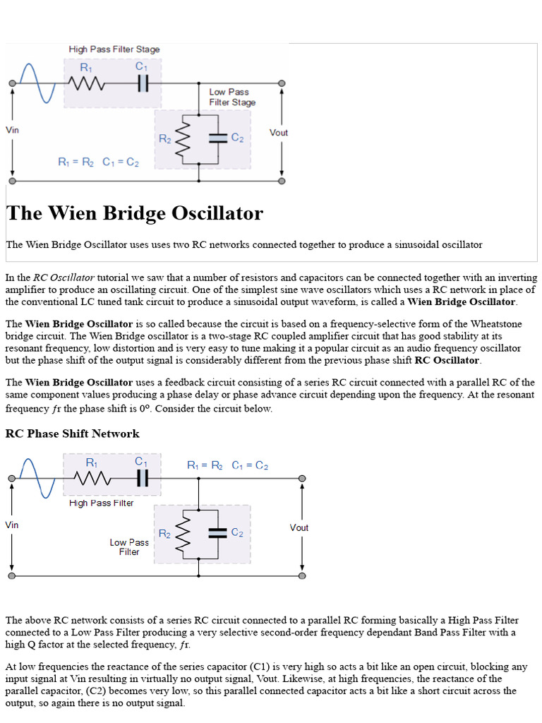 Wien Bridge Oscillator Tutorial and Theory | PDF | Electronic ...