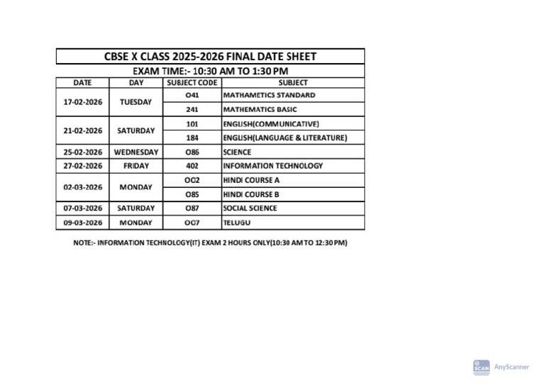 Cbse x Final Date Sheet 25-26-1-1 | PDF