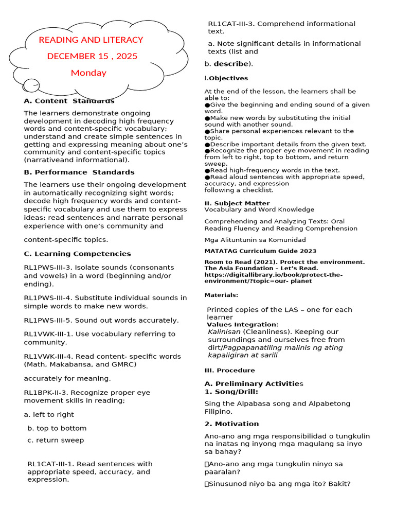 January 5 2026 Lesson Plan in Reading and Literacy | PDF