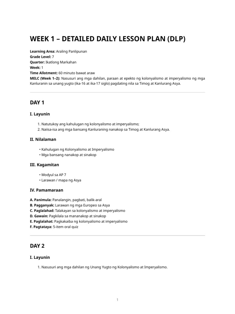 Detailed Daily Lesson Plan - Ap 7 Q3 Weeks 1-2 | PDF