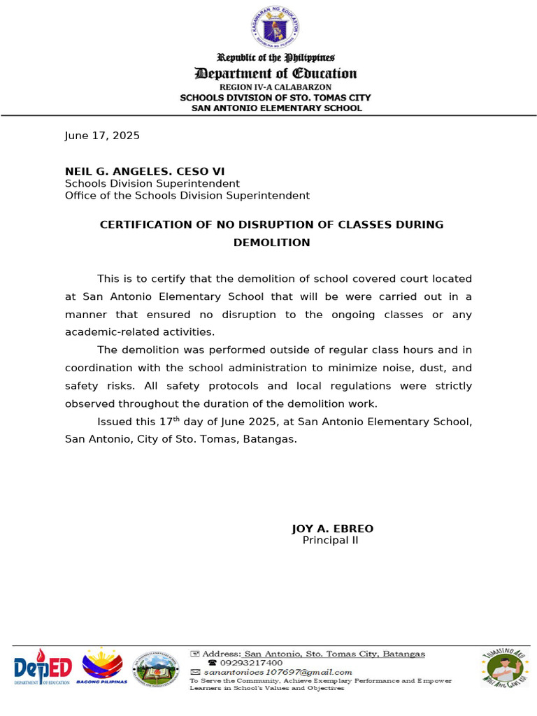 No Class Disruption Certification | PDF