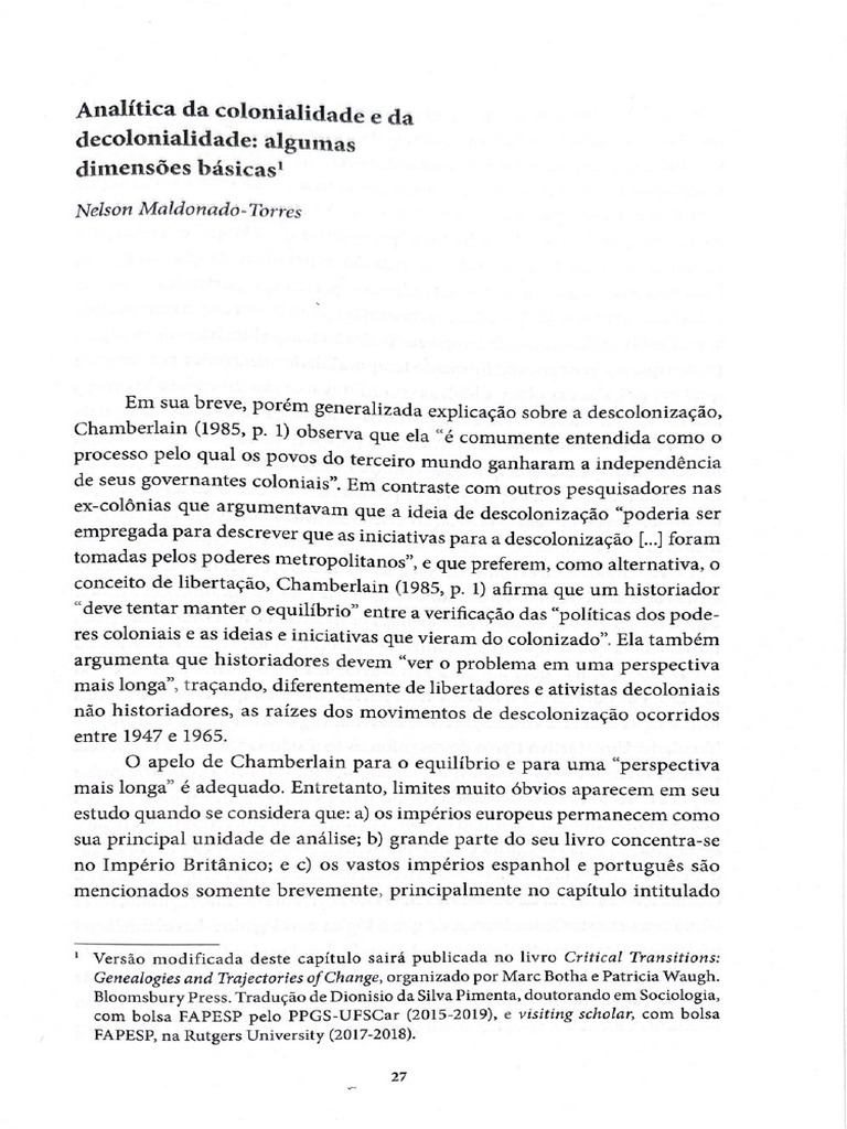 Maldonado-Torres Analitica Da Colonialilidade | PDF