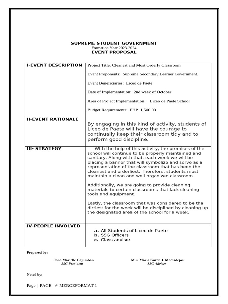 Most Orderly Classroom Proposal 2 | PDF | Learning