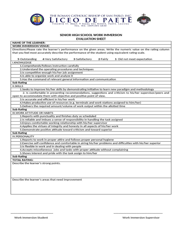 Rating Sheet Work Immersion | PDF | Learning | Behavior Modification