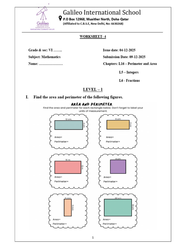 Grade VI Math Worksheet: Area & Perimeter | PDF | Euclidean Geometry ...