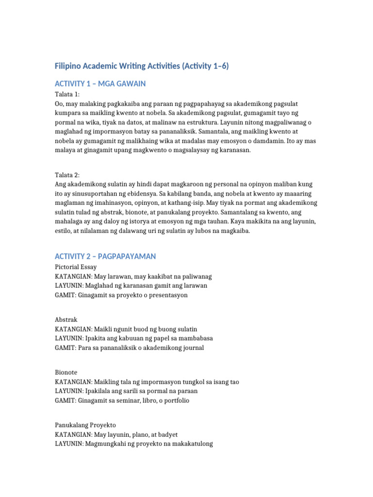 Academic Writing Activities 1 to 6 | PDF