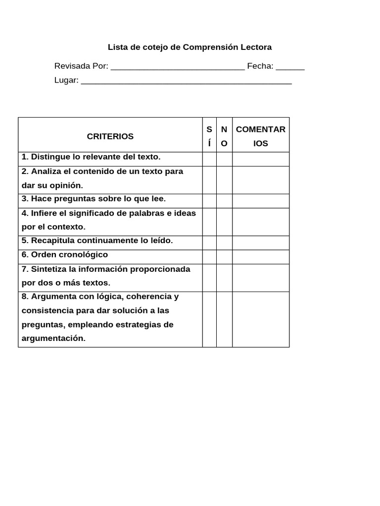 Lista de Cotejo de Comprensión Lectora | PDF