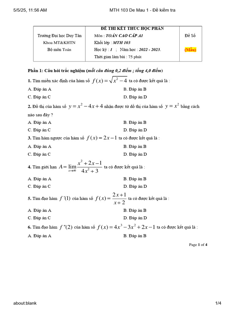 MTH 103 de Mau 1 - Đề Kiểm Tra | PDF