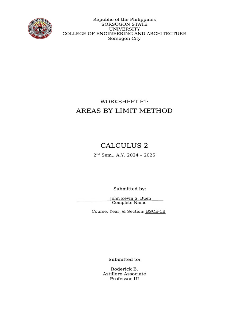 Areas by Limit Method Worksheet | PDF