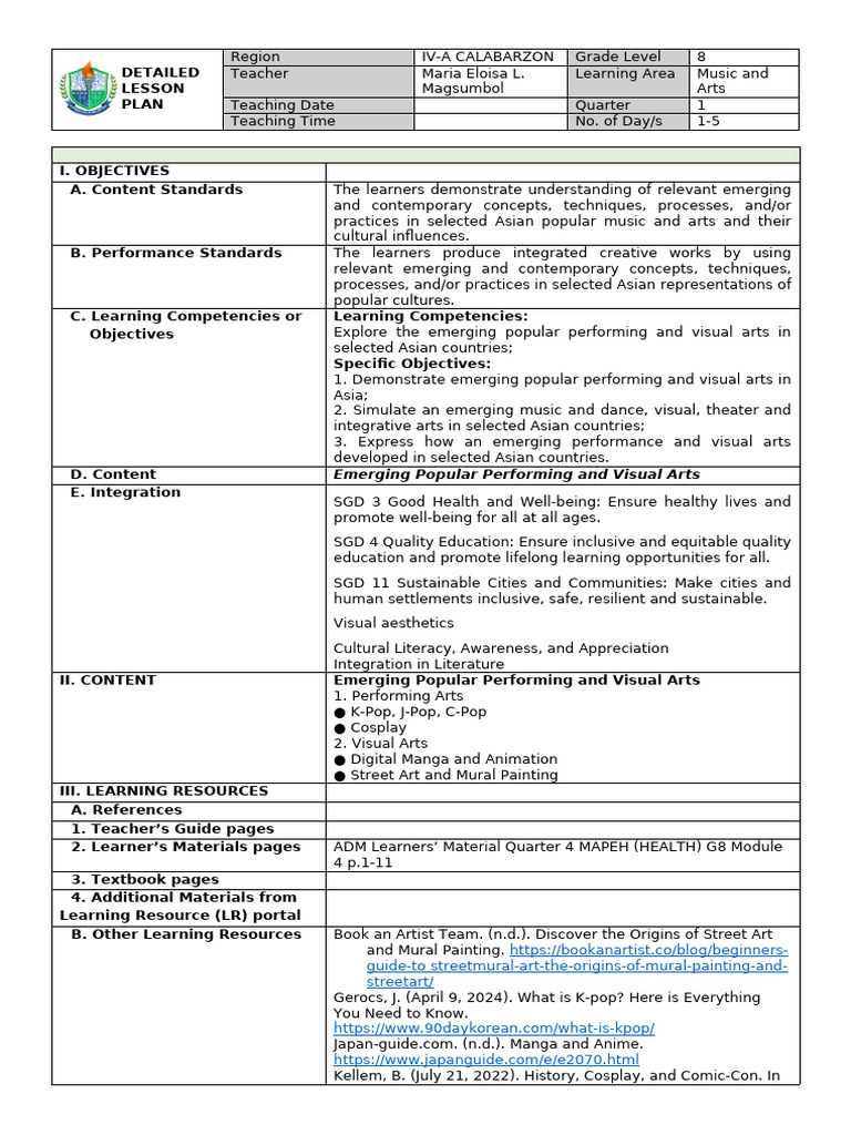 Grade 8 Music & Arts Lesson Plan | PDF | Electronic Cigarette