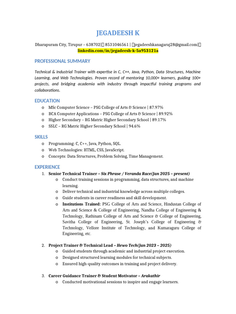 Jegadeesh k Resume | PDF | Cloud Computing | Analytics