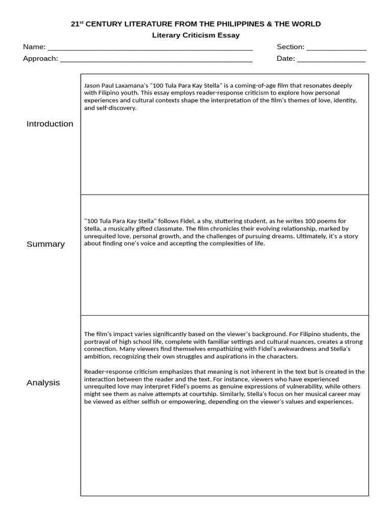Literary Criticism Worksheet | PDF | Love | Psychological Concepts