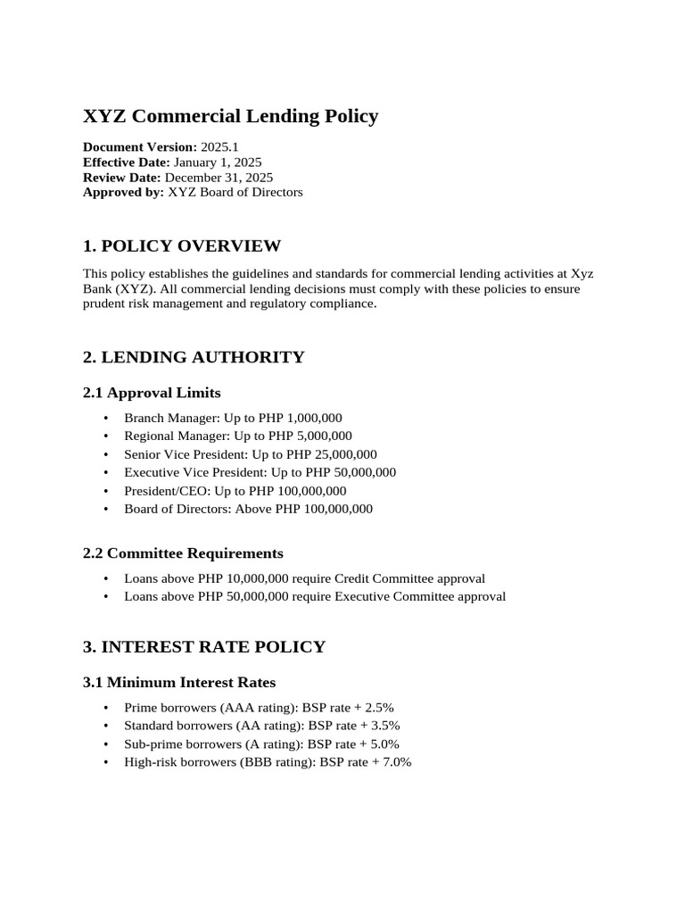 Xyz Commercial Lending Policy Sample | PDF | Loans | Debt