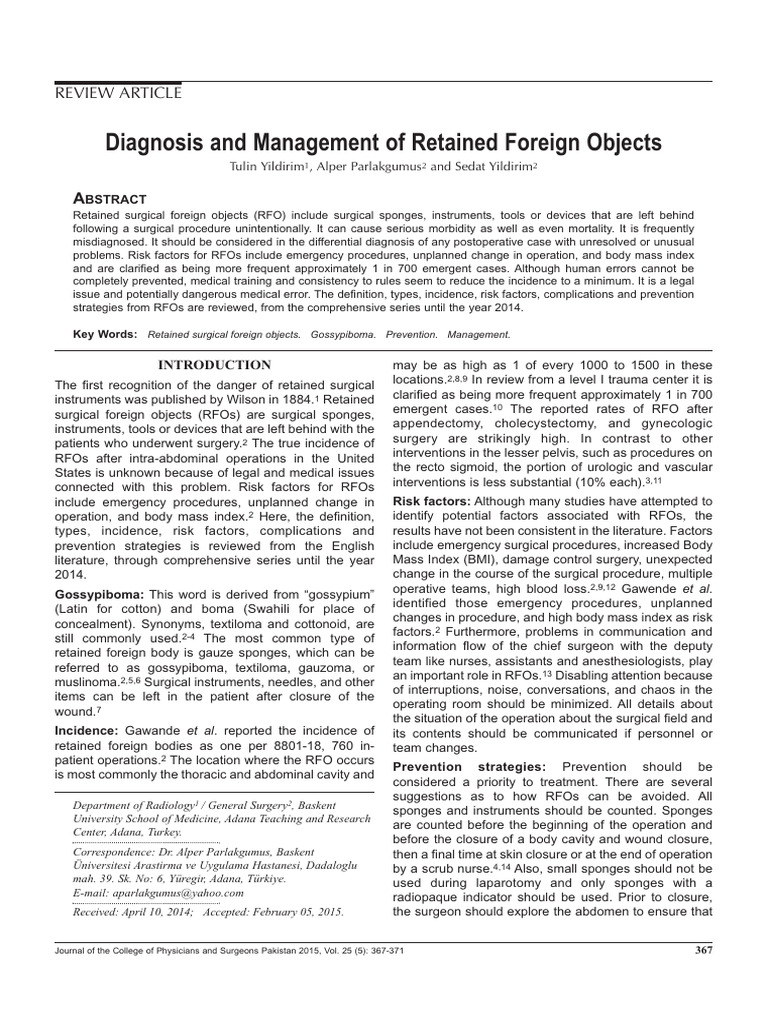 Diagnosis and Management of Retained Foreign Objects | PDF | Surgery ...