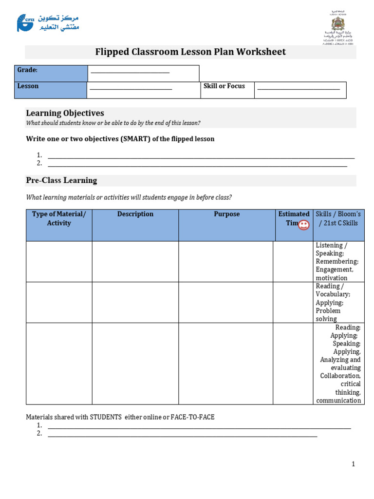 Flipped Classroom Lesson Plan Worksheet | PDF | Lesson Plan | Cognitive Psychology