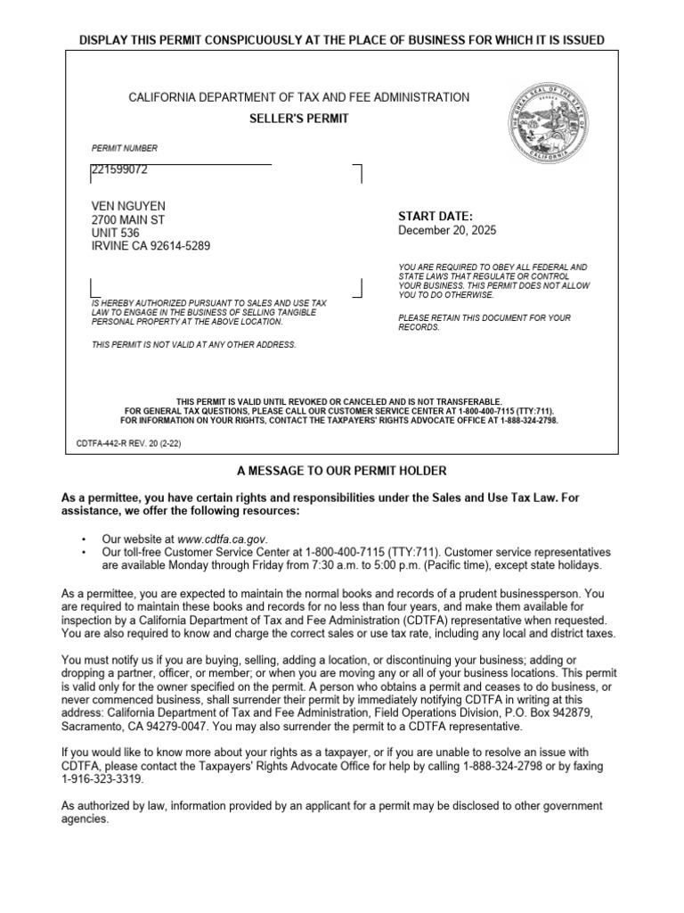 Seller Permit | PDF | Use Tax | Taxes