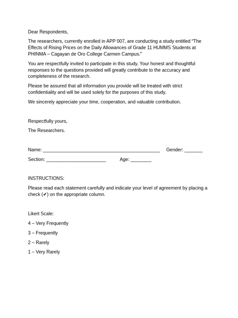 Modified Survey Questionnaire | PDF