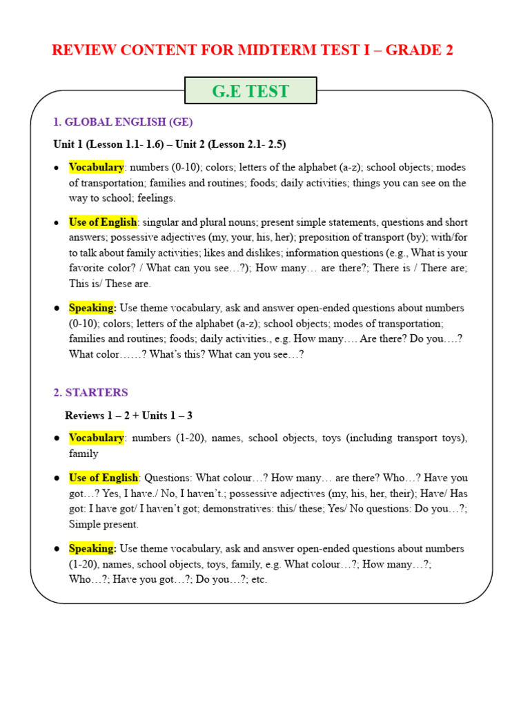 Review Content for Midterm Test i | PDF | English Language | Adjective