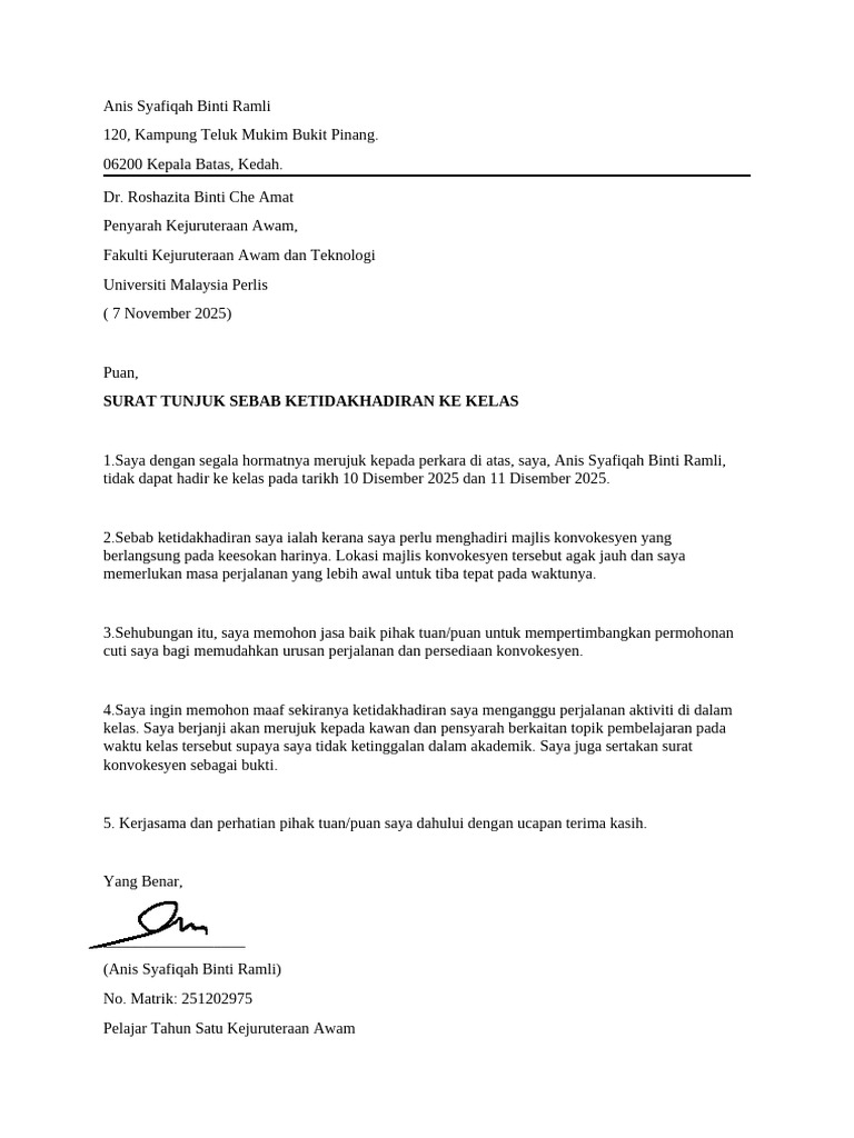 Surat Tunjuk Sebab Ketidakhadiran Anis Syafiqah | PDF
