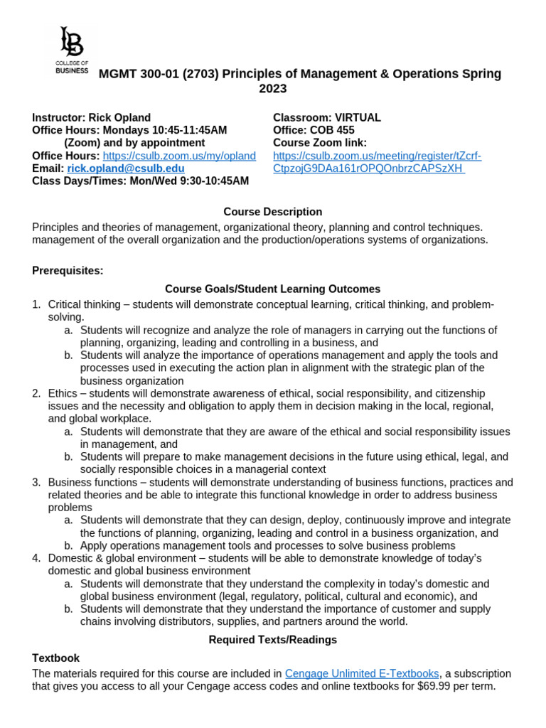 MGMT 300 Syllabus Spring 2023 | PDF | Textbook | Quiz