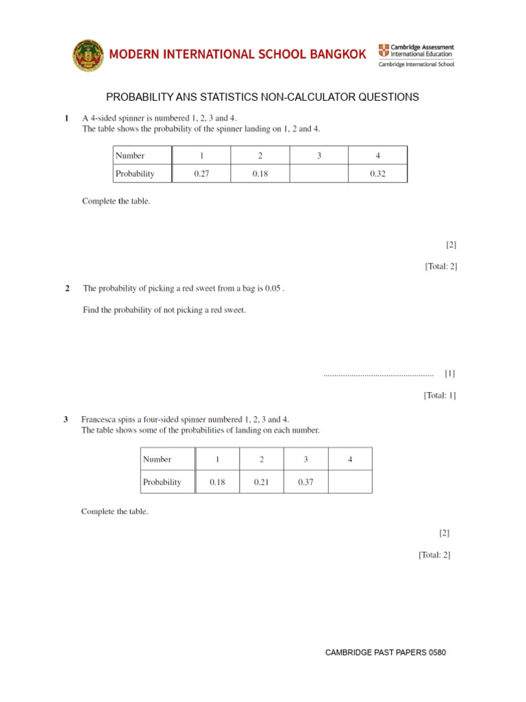 Probability Ans Statistics Non Calculator Questions | PDF
