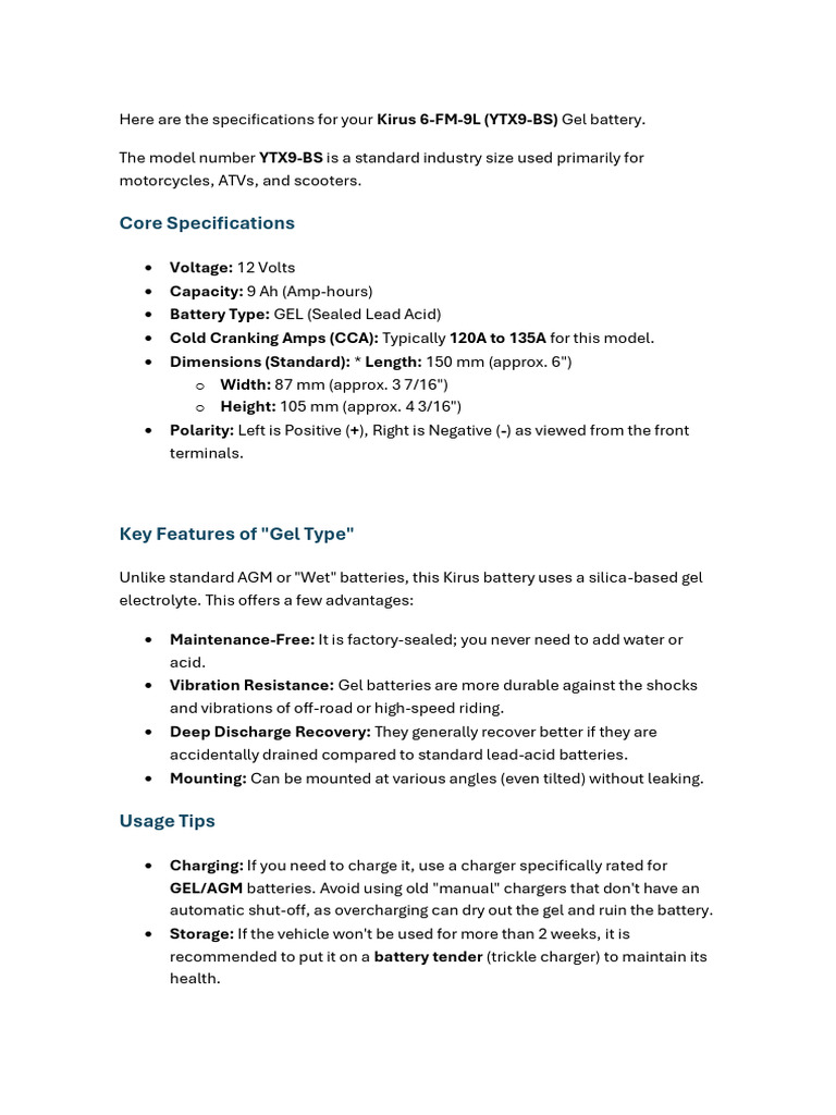 Kirus YTX9-BS Gel Battery Specs & Tips | PDF | Battery Charger ...