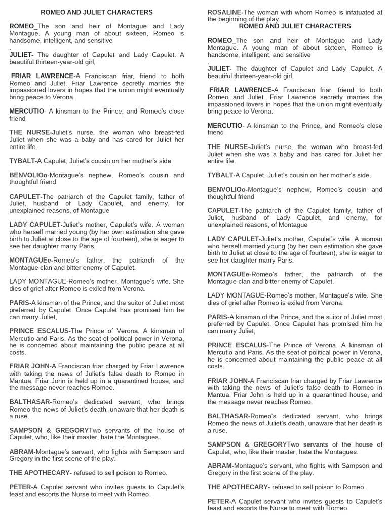 Key Characters in Romeo and Juliet | PDF | Characters In Romeo And ...