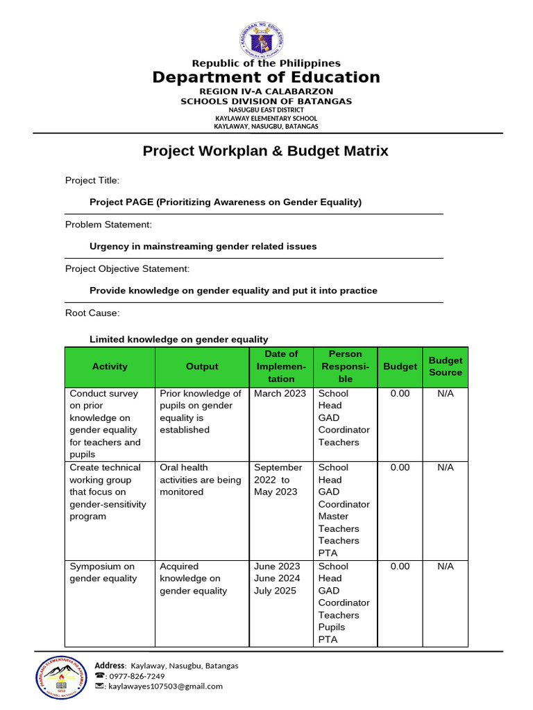 Project Workplan Budget Matrix | PDF | Gender Equality | Gender Studies