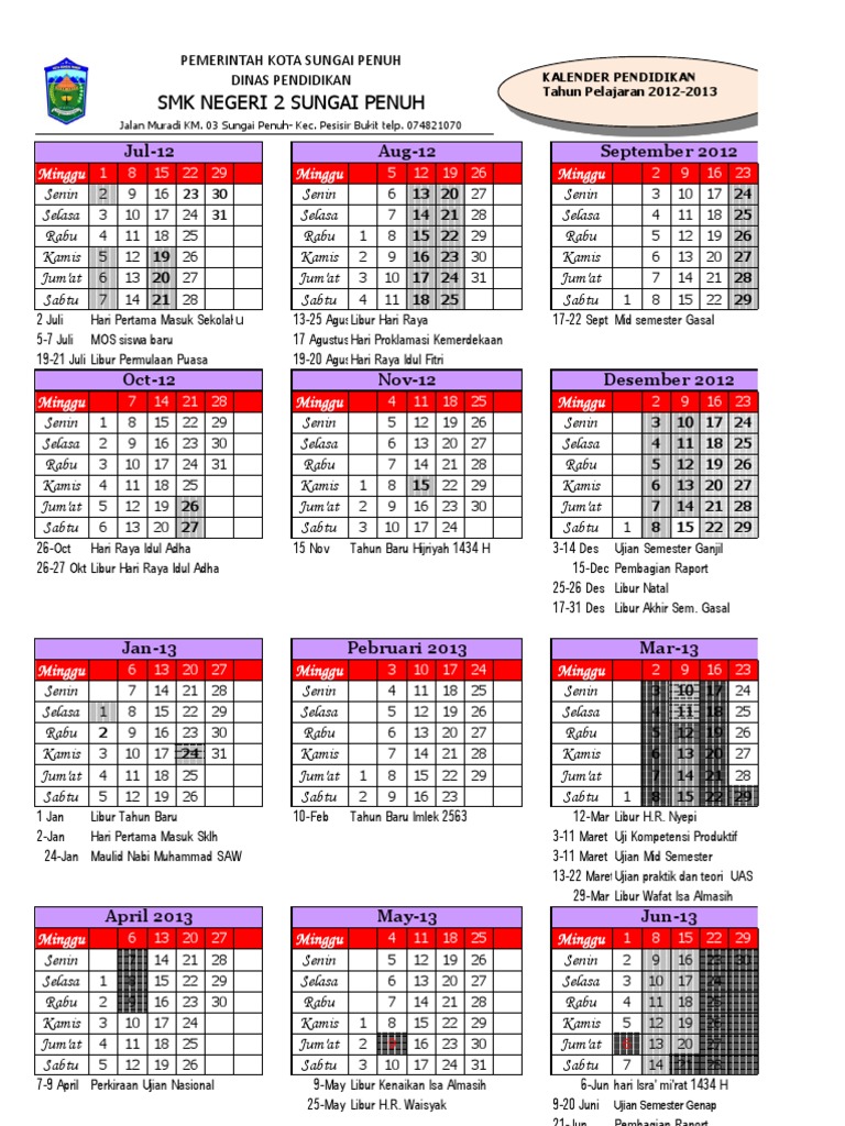 Kalender Pendidikan SMK 2 SPN 2012-2013 | PDF