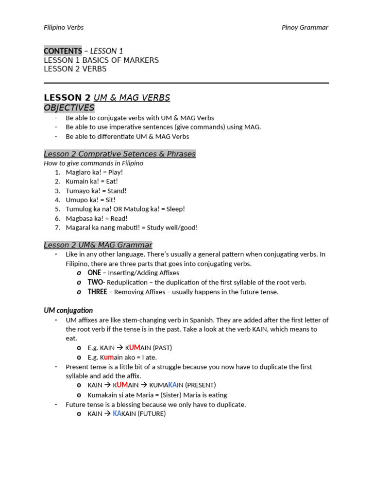 Filipino UM & MAG Verb Guide | PDF | Grammatical Tense | Verb