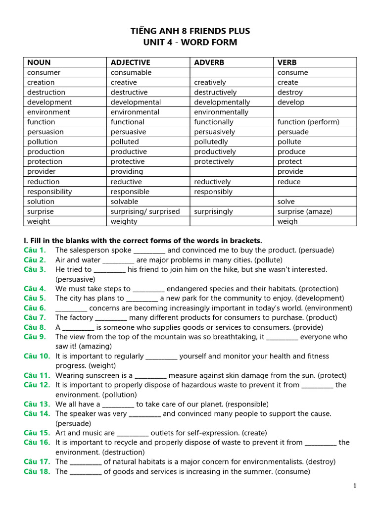Tieng Anh 8 Friends Plus - Word Form - Unit 4 | PDF | Sustainability ...