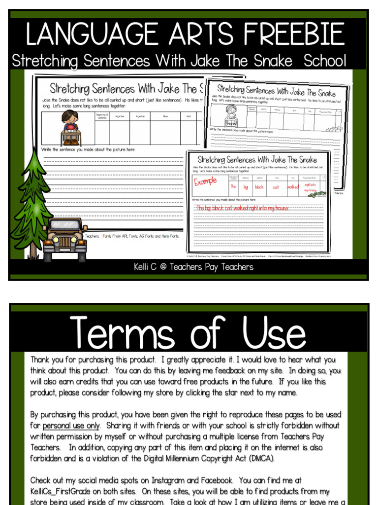 Language Arts Freebie: Stretching Sentences With Jake The Snake School ...