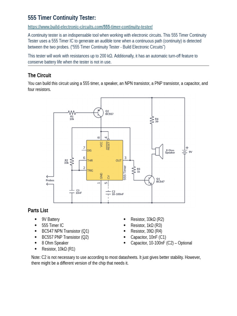 555 Timer Continuity Tester Guide | PDF | Analog Circuits | Electrical ...
