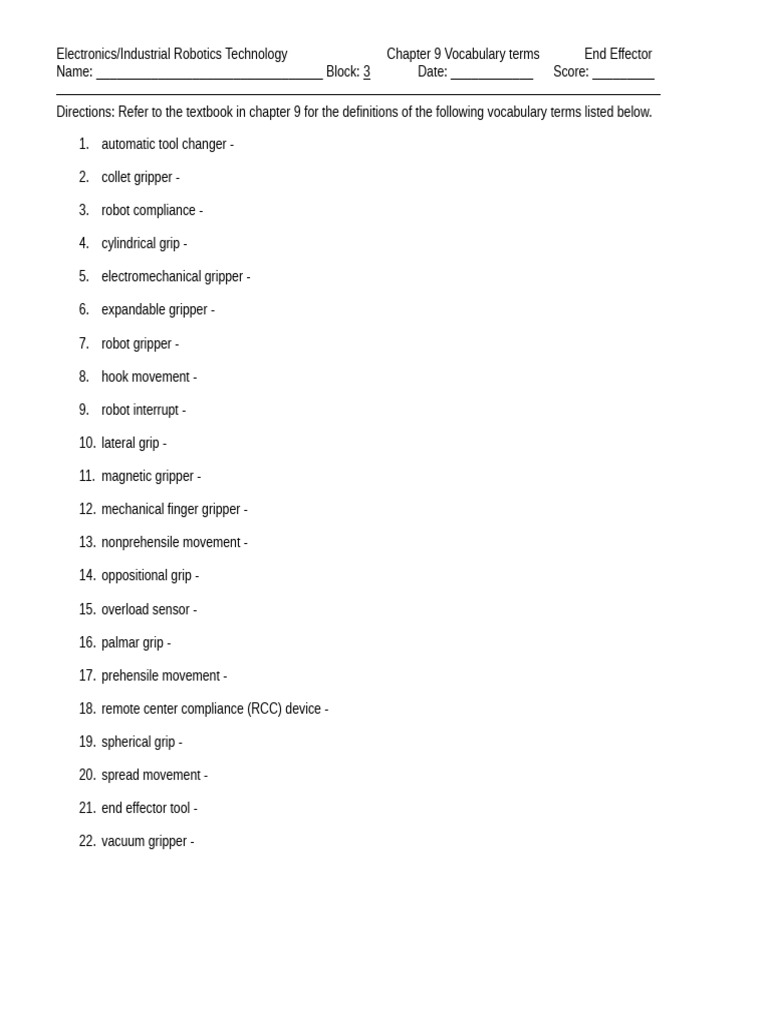 CH9 End Effectors Vocabulary ST | PDF