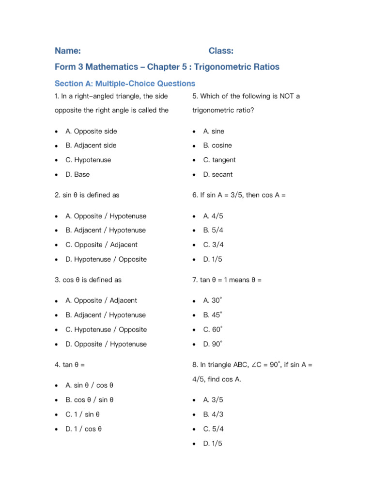 Trigonometric Ratios MCQs and Problems | PDF | Trigonometric Functions ...
