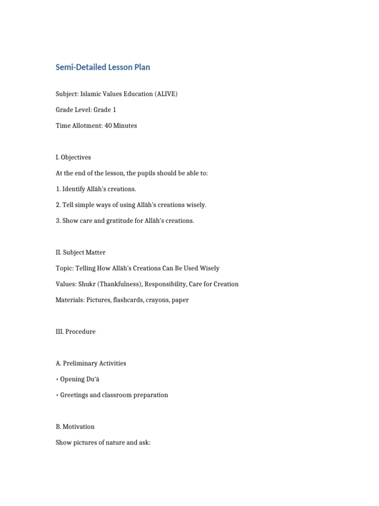 Grade 1 Islamic Values Lesson Plan | PDF