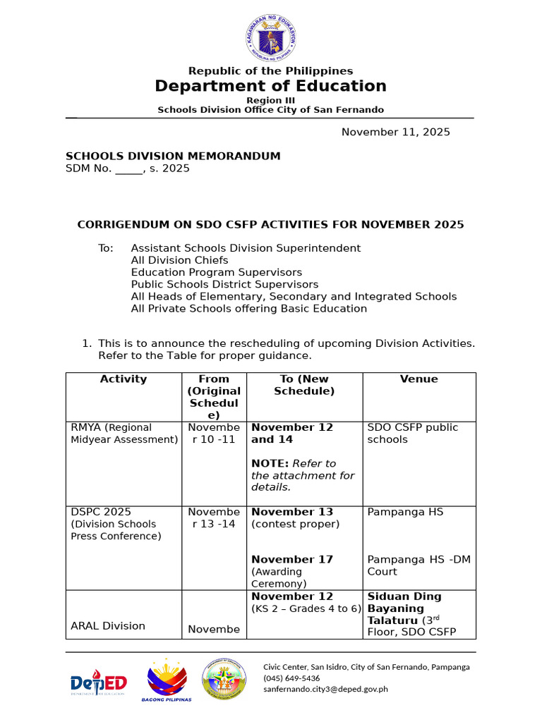 Memo Dates and Details Upcoming Activities for November | PDF ...