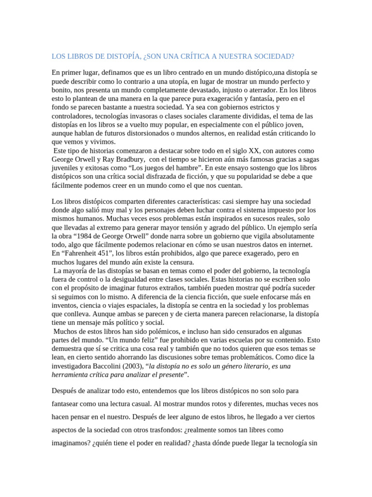 Ensayo de LIbros Distopia | PDF | Distopía