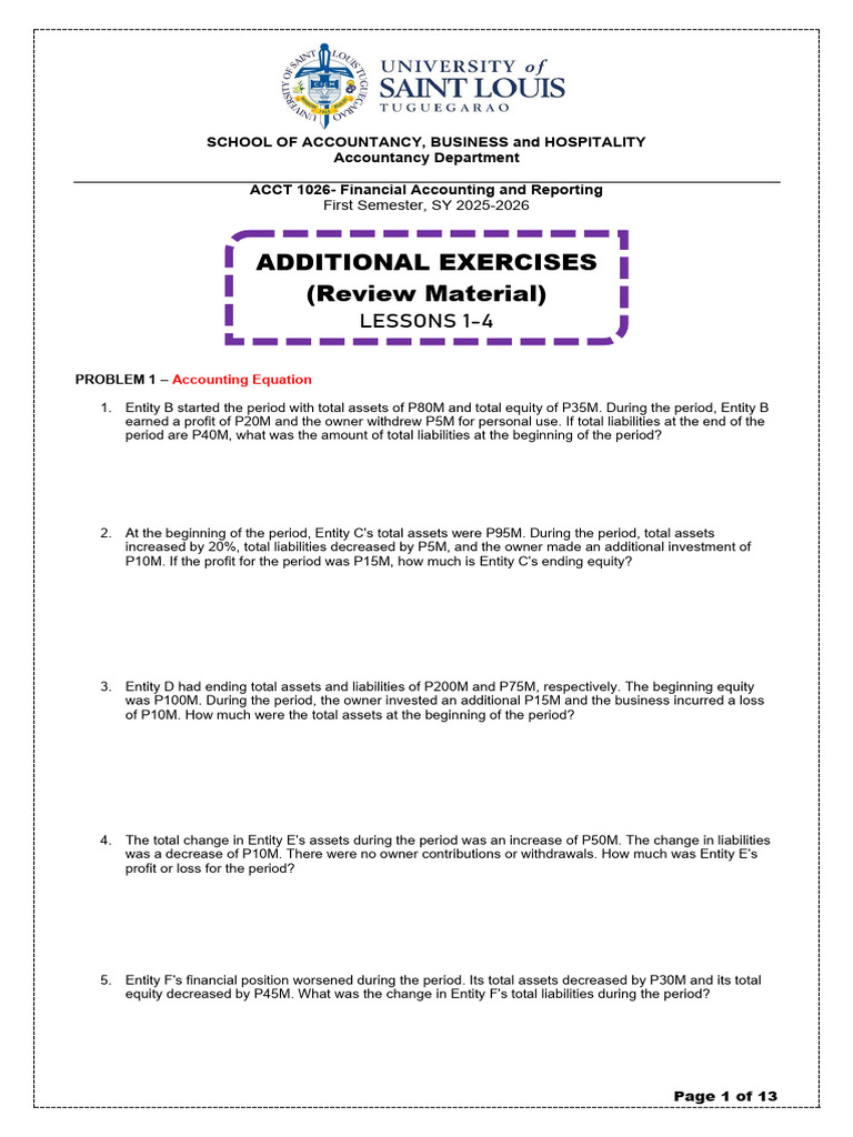 ADDITIONAL EXERCISES Lessons 1 4 Accounting Equation Journalizing Trial ...