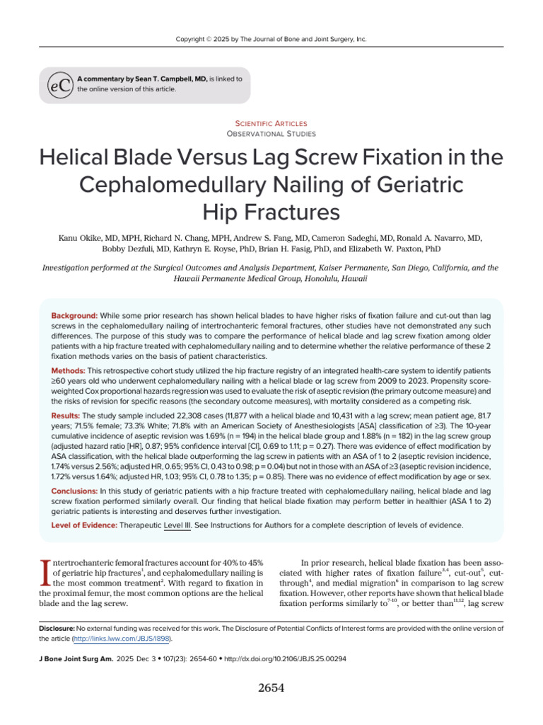 Helical Blade vs Lag Screw in Hip Fractures | PDF | Musculoskeletal ...