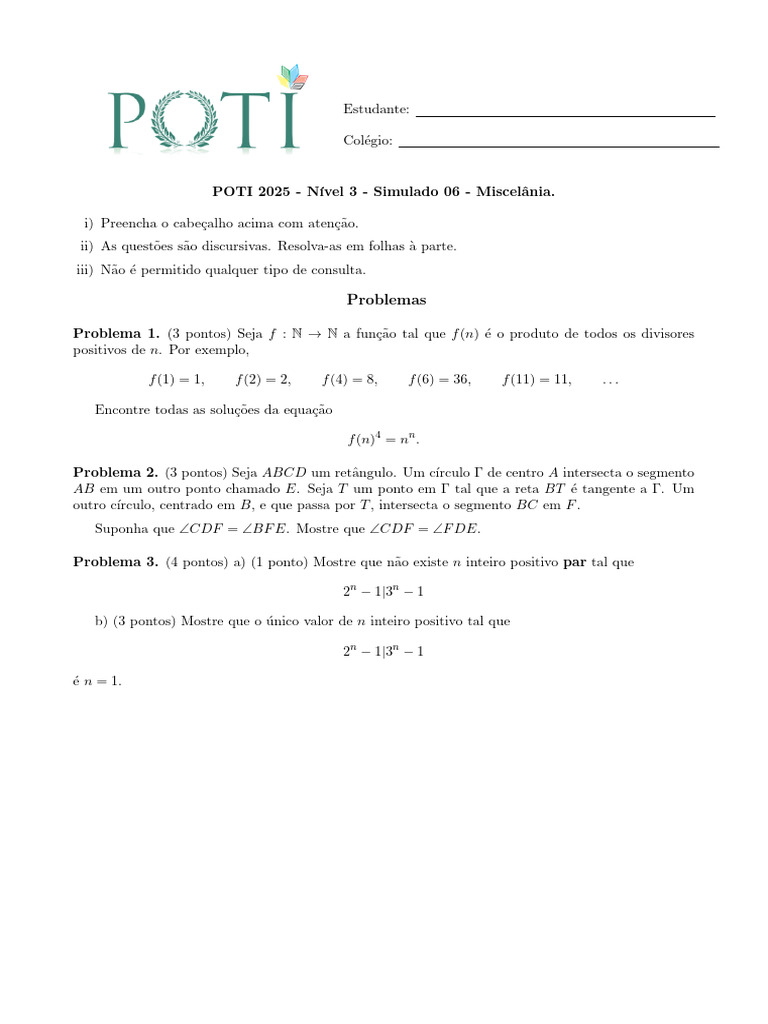 Simulado N3 06 Misc Com Solucoes | PDF | Tangente | Equações