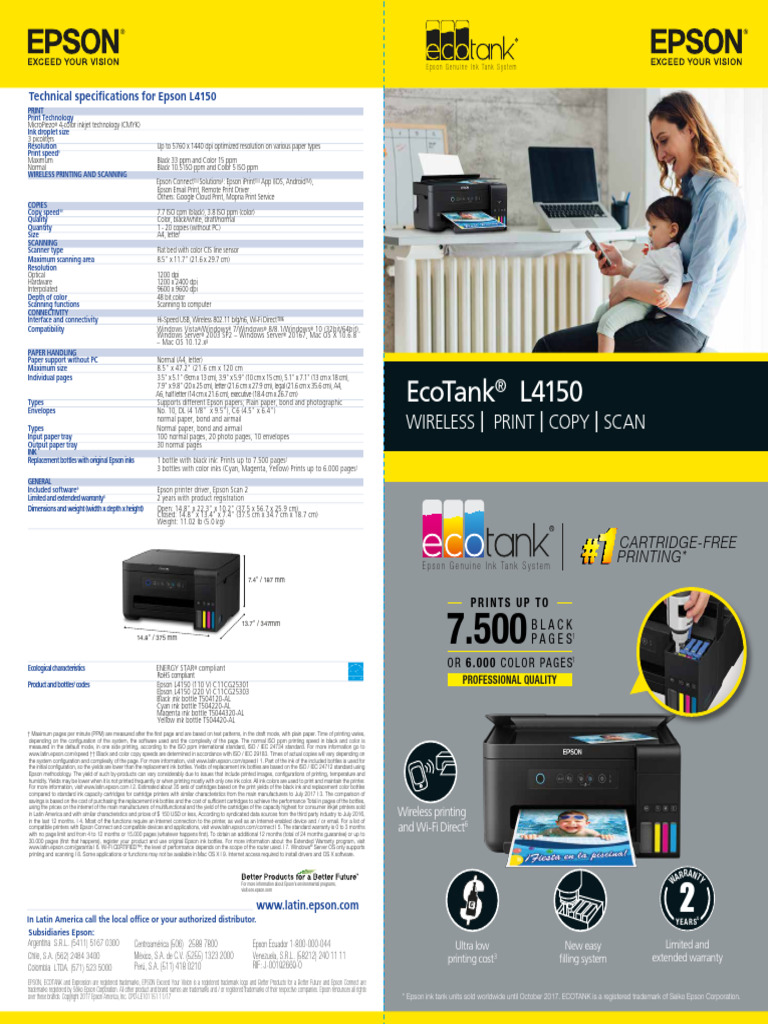 Epson EcoTank L4150: Wireless Ink Tank Printer | PDF | Printer ...