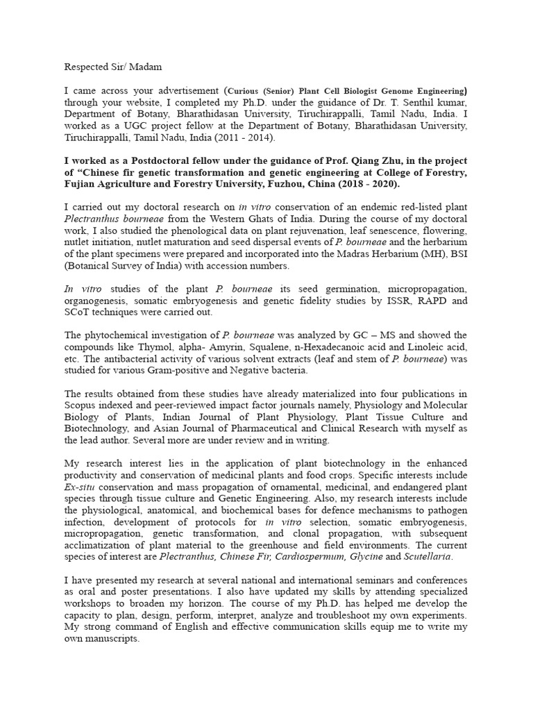 Plant Cell Biologist Cover Letter | PDF | Plants | Botany