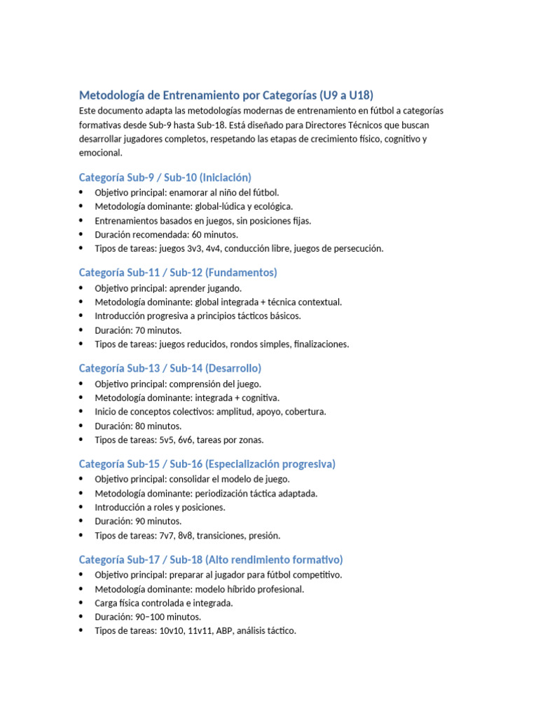 Metodologia Formativa U9 a U18 | PDF