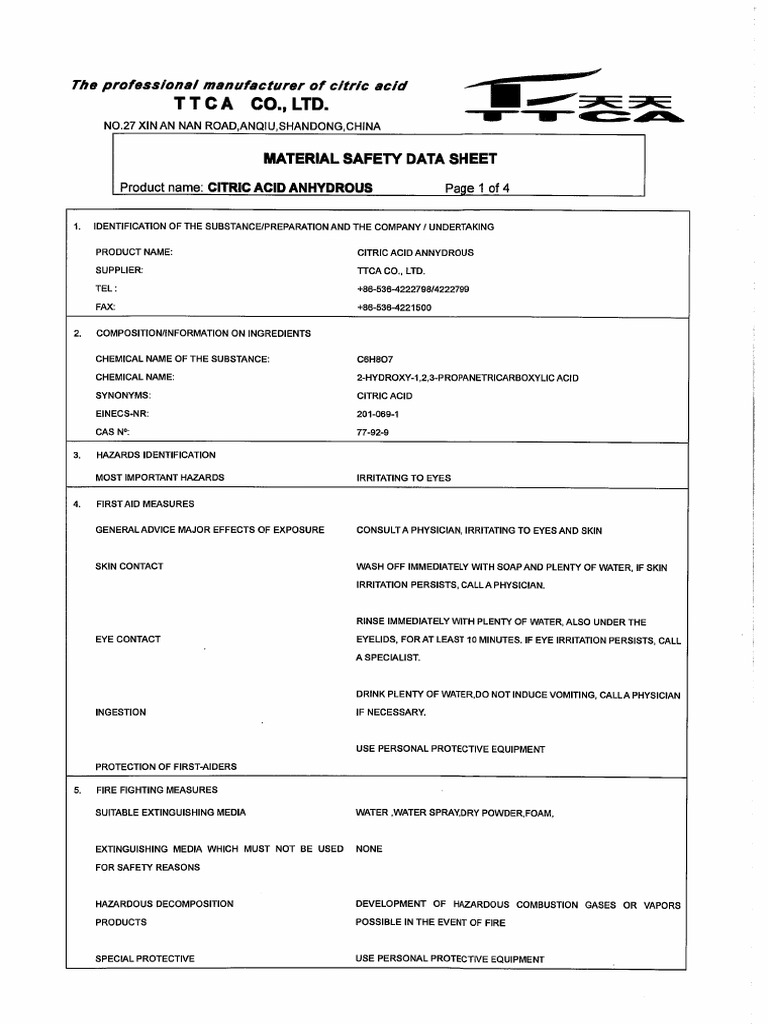 Citric Acid - MSDS | PDF