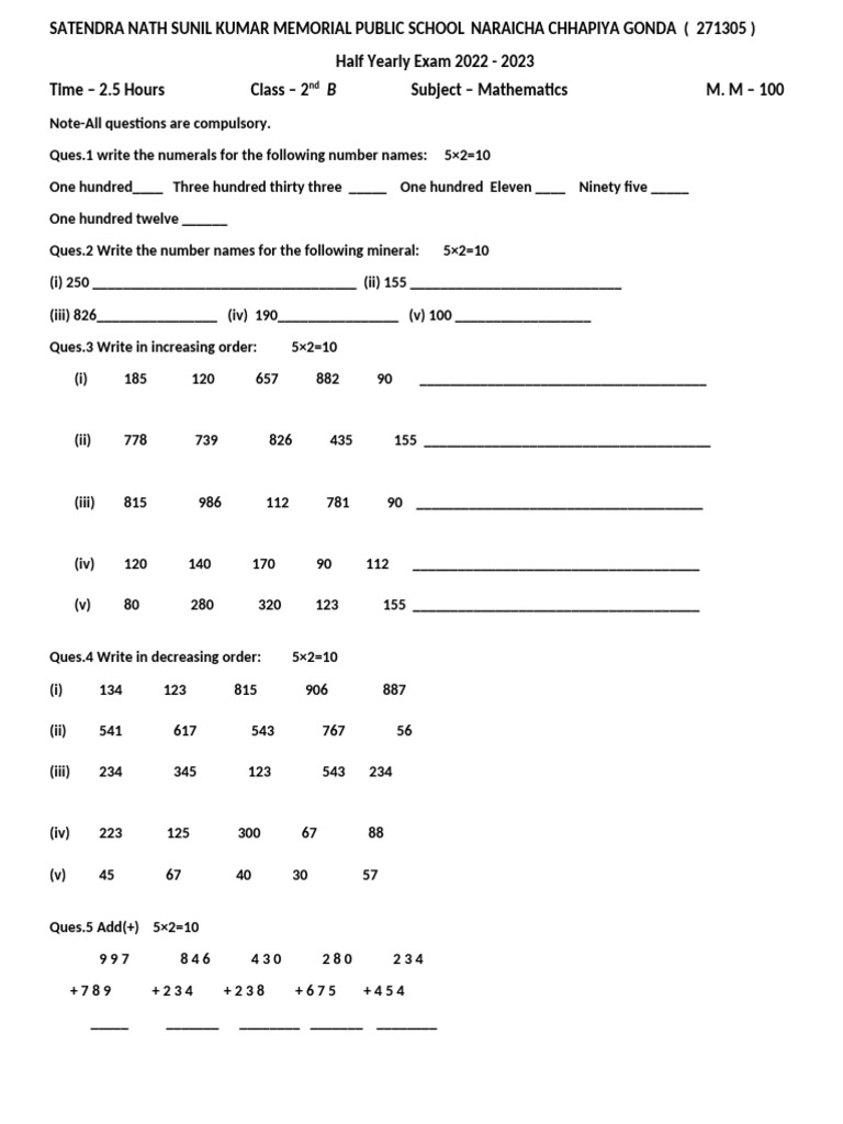 Class 2 B Mathematics H. Y | PDF | Mathematics | Arithmetic