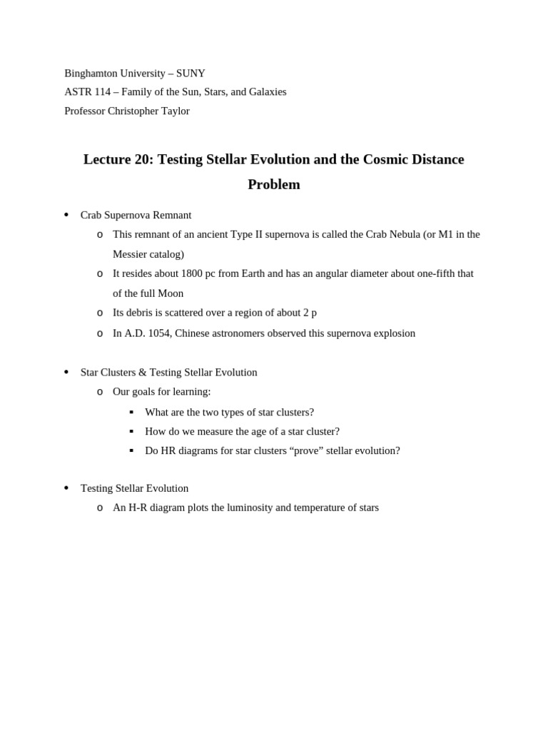 Notes On Lecture 20 - Testing Stellar Evolution and The Cosmic Distance ...