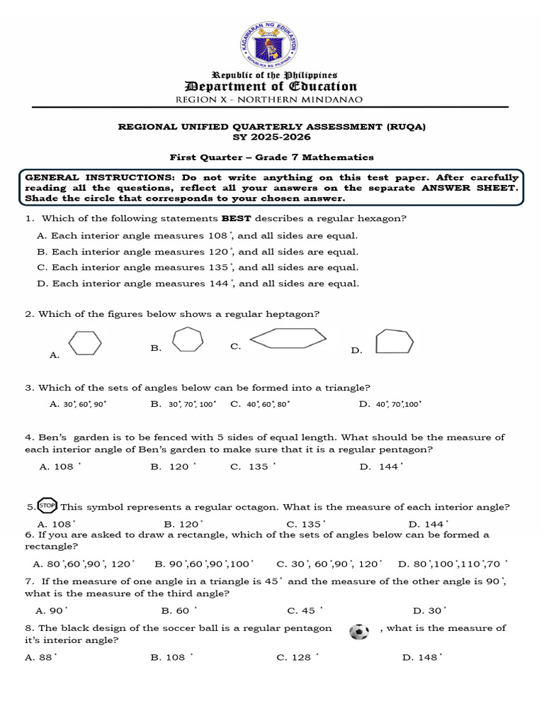 Math 7 Q1 Ruqa 1-50 Sy 2025-2026 | PDF | Polygon | Triangle