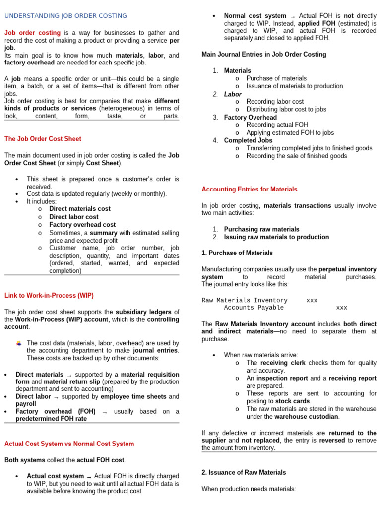 Job Order Costing Explained | PDF | Payroll | Inventory