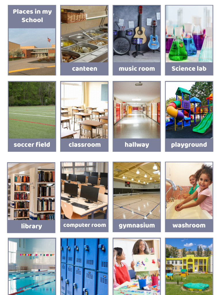 Places in My School Flashcards in Gray and White Printable Style | PDF